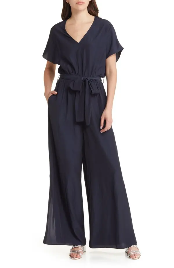 Melloday Wide Leg Satin Jumpsuit Navy Editorialist