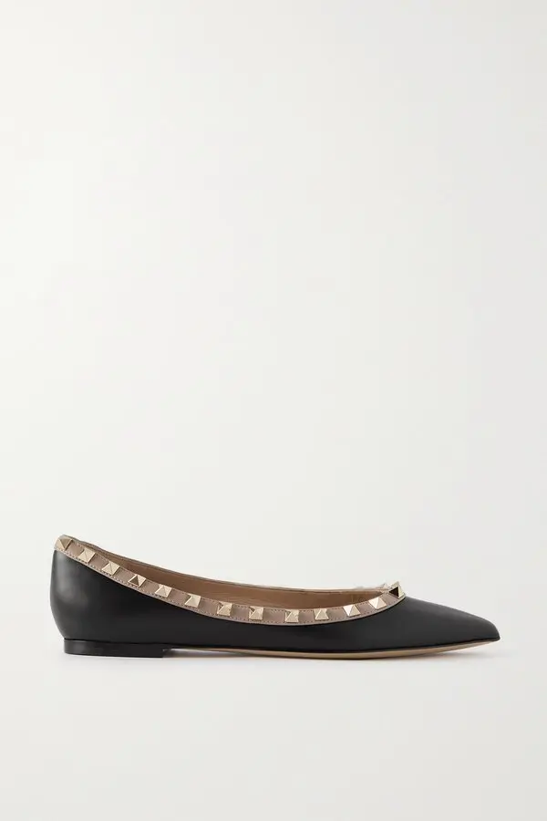 Valentino Garavani Rockstud Leather Point-toe Flats - Black