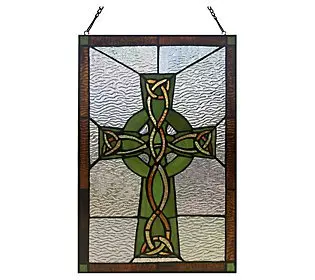 RIVER OF GOODS 18'h Celtic Cross Stained Glass Indow Panel
