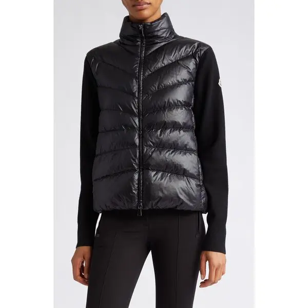 Moncler Quilted Nylon & Wool Knit Cardigan - Black