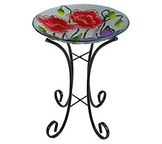 NORTHLIGHT 21' Butterfly & Carnations Painted G Lass Birdbath