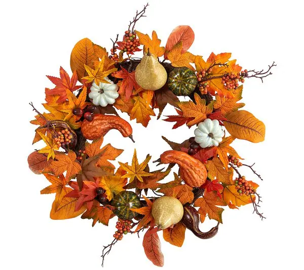 NEARLY NATURAL 24' Pumpkin, Gourd And Berries All Wreath