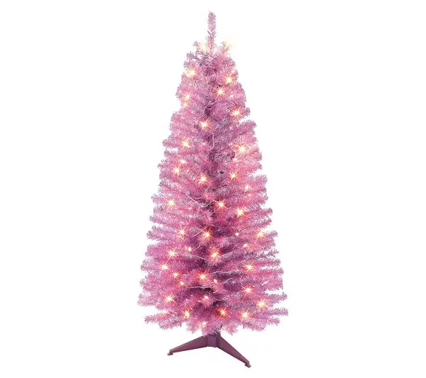PULEO INTERNATIONAL Puleo 4.5' Pre-lit Pink Tinsel Tree