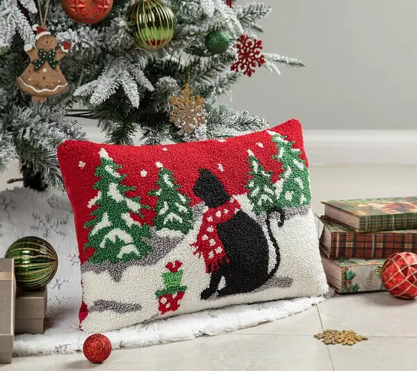 GLITZHOME 18'l Hooked Christmas Cat Pillow