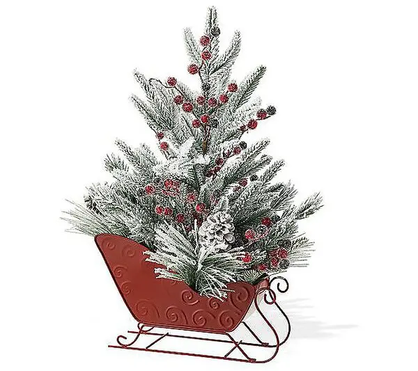 GLITZHOME 21'h Christmas Red Sleigh Frosted Flo Al Centerpiece