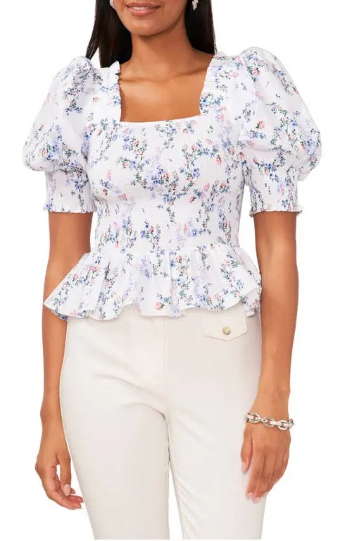 Chaus Puff Sleeve Smocked Peplum Top