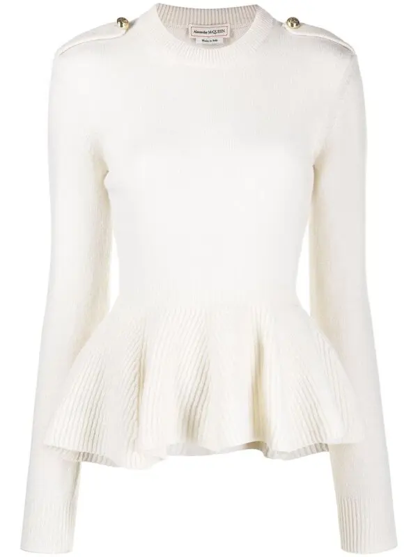 Alexander Mcqueen Peplum-Hem Jumper In Bianco E Oro 33% Off