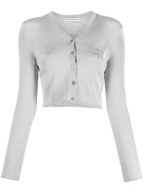 Alexander Wang Cropped Metallic Cardigan In Silver - 53% Off