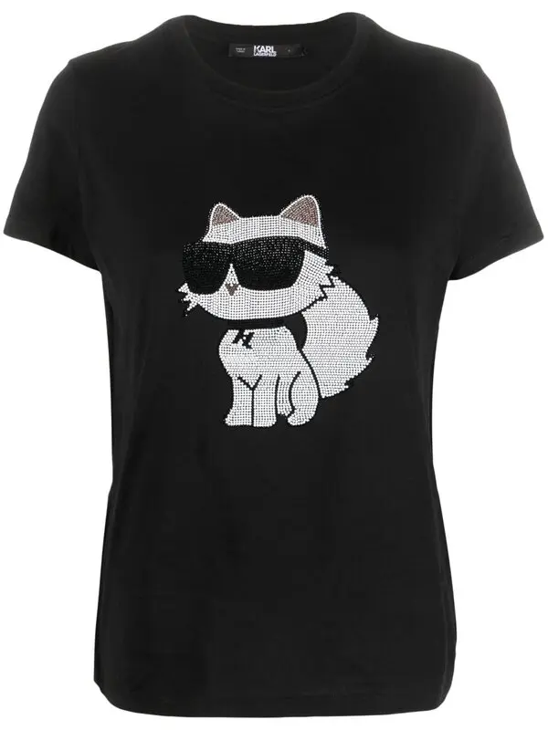 Karl Lagerfeld Ikon Choupette Rhinestone T-shirt - Black