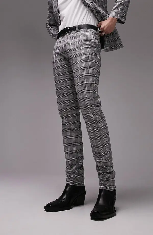 Topman Skinny Fit Check Cotton Linen Flat Front Dress Pants In