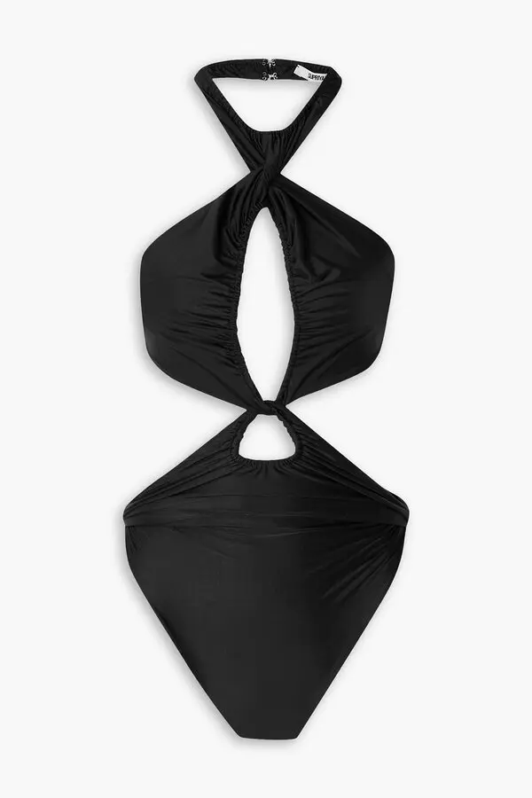 SUPRIYA LELE Cutout Ruched Mesh Halterneck Bodysuit - Black