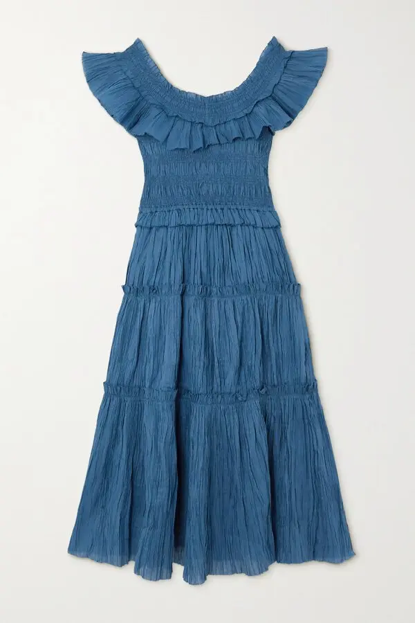 Sea Micah Ruffled Shirred Ramie Midi Dress In Blue - 60% Off | Editorialist