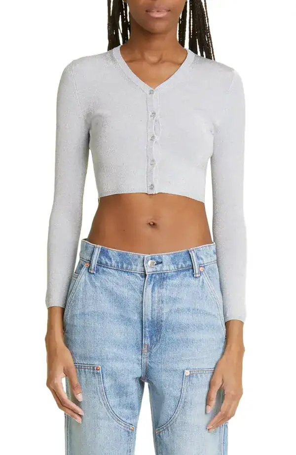 Alexander Wang Shimmer V-Neck Crop Cardigan In Silver 69% Off - Main Image