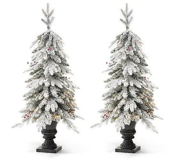 GLITZHOME 4ft Pre-lit Flocked Faux Christmas Po Ch Tree S/2
