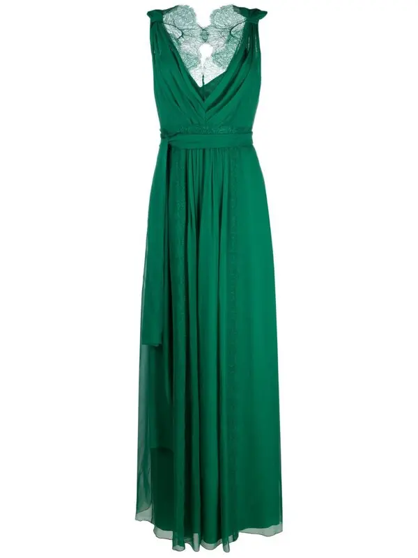 alberta ferretti green silk dress Mikado Green Drop Shoulder Long Dress by Alberta Ferretti – Elilhaam main image 0