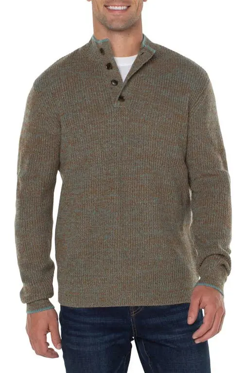 LIVERPOOL Button Mock Neck Marled Sweater - Caramel Multi