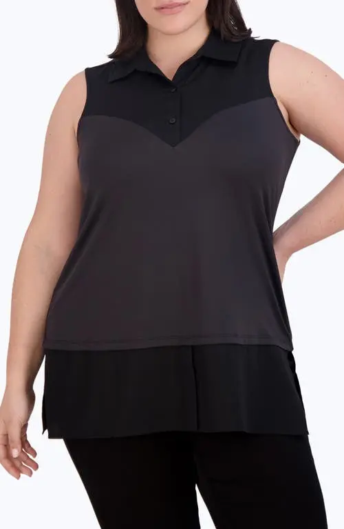 Foxcroft Sasha Mixed Media Sleeveless Button-up Shirt - Black