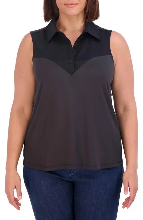 Foxcroft Ricki Mixed Media Sleeveless Button-up Shirt - Black