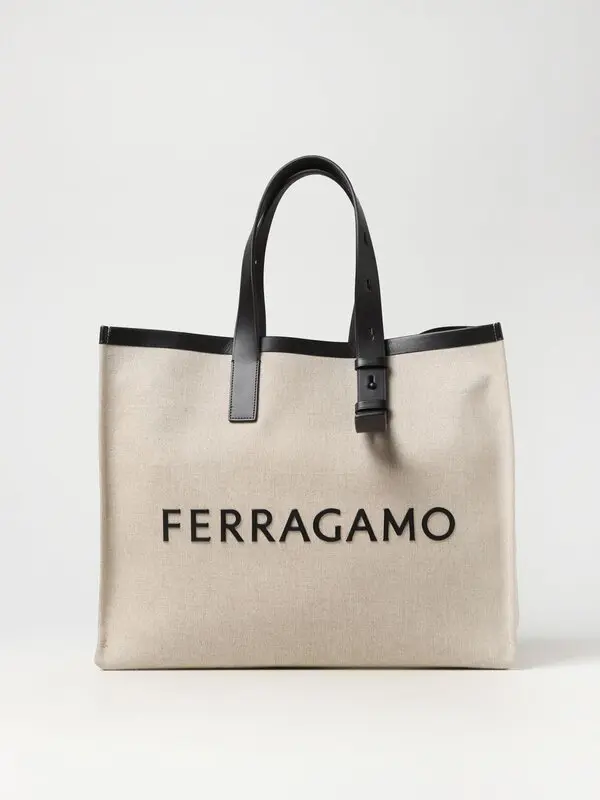 FERRAGAMO Tote Bag In Canvas And Leather - Beige