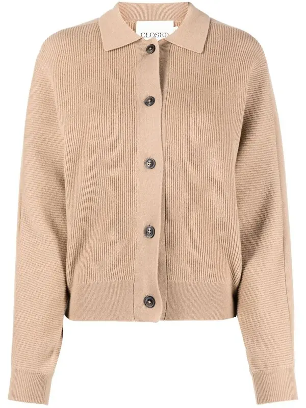 Closed Rib-knit Polo-collar Cardigan