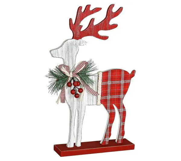 BARBARA KING 15' Wooden Reindeer With Faux Gree Ery Accent