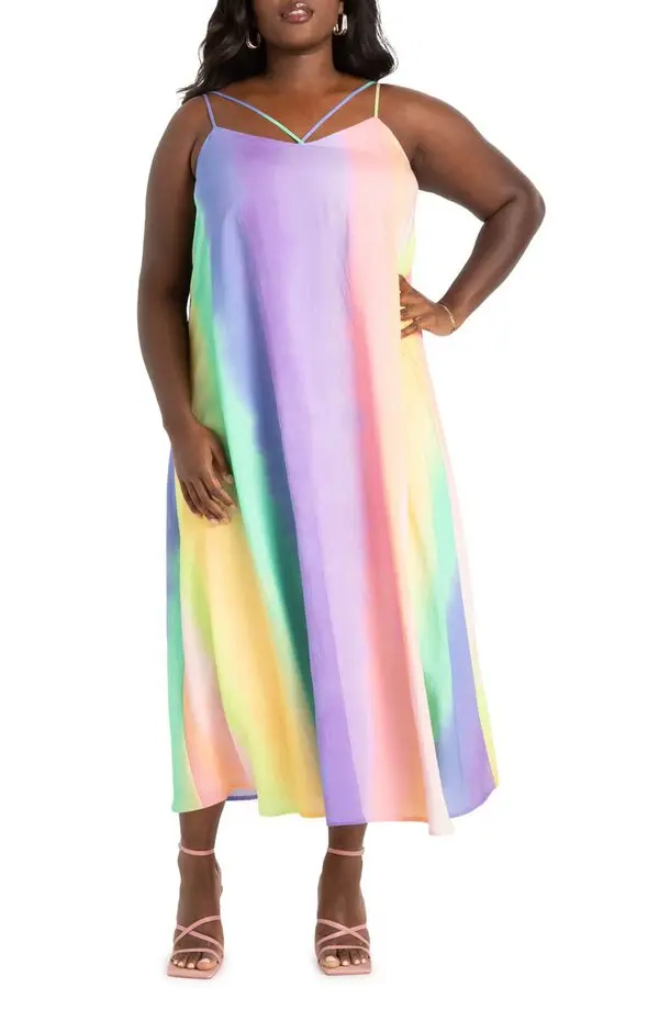 knee length dresses for ladies Final Sale Plus Size Maxi Dress with Spaghetti Straps in Rainbow Ombre Print main image 0