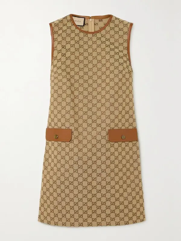 Gucci Leather-trimmed Cotton-blend Canvas-jacquard Mini Dress - Brown
