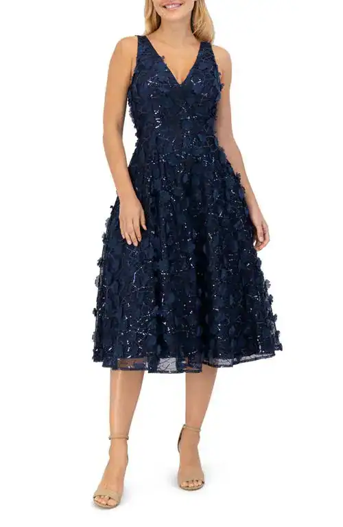green emerald velvet dress Women Navy Blue Floral Printed Square Neck Sleeveless Tie-Up Straps Smocked  Fit & Flare Mini Dress main image 1