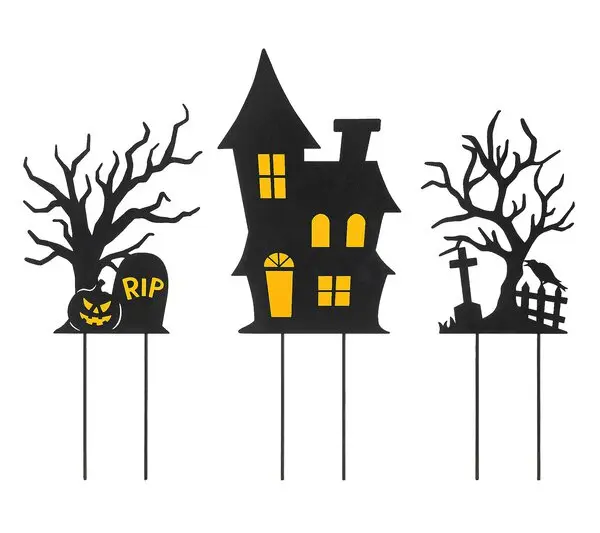 GLITZHOME 24' Halloween House & Tree Yard Stake S/3