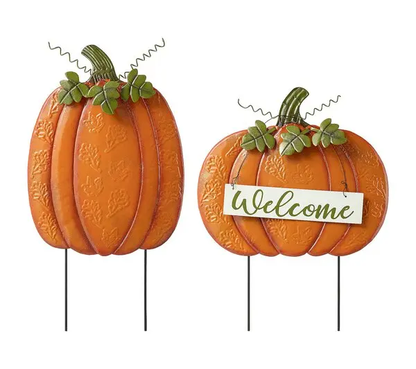 GLITZHOME Fall Embossed Pumpkin Yard Stakes Or Orch Decor S/2