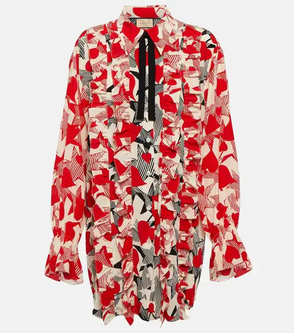 【美品】Gucci ruffled printed silk blouse Gucci Ruffled Printed Silk Blouse - Red | Editorialist