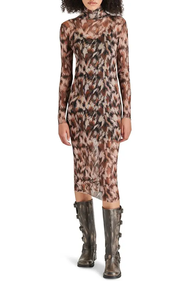 Steve Madden Vivienne Print Turtleneck Mesh Midi Dress In Oak Buff