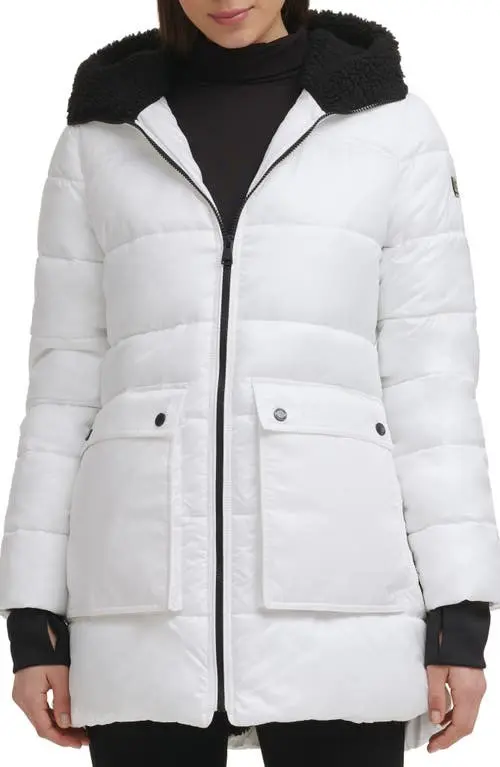 KENNETH COLE Faux Shearling Lined Hooded Puffer Parka Jacket - White
