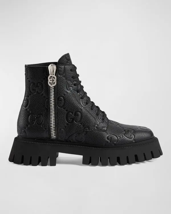 Gucci Novo Gg Leather Zip Combat Booties - Black | Editorialist