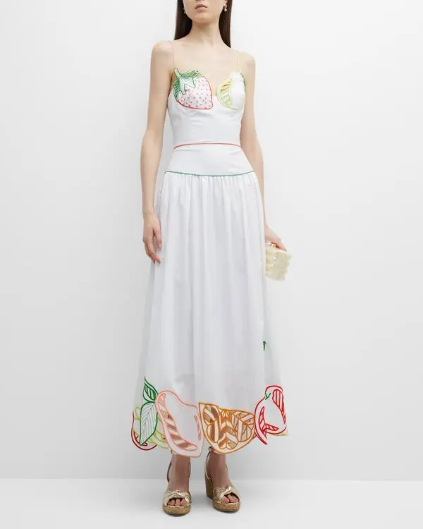 Lela Rose Drop Waist Midi Dress With Fruit Embroidery In White