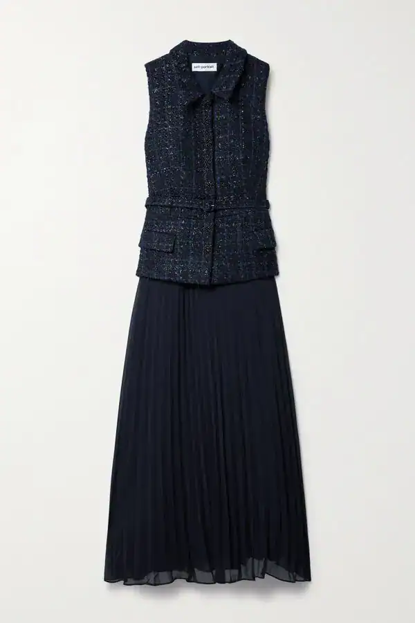 Self-Portrait Convertible Belted Metallic Boucl-Tweed And Georgette Midi  Dress In Blue - 40% Off | Editorialist