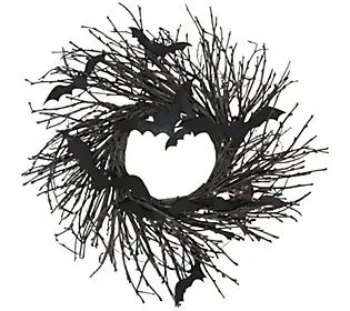 HAUNTED HILL FARM 15-in. Black Twig Flying Bats Wreath