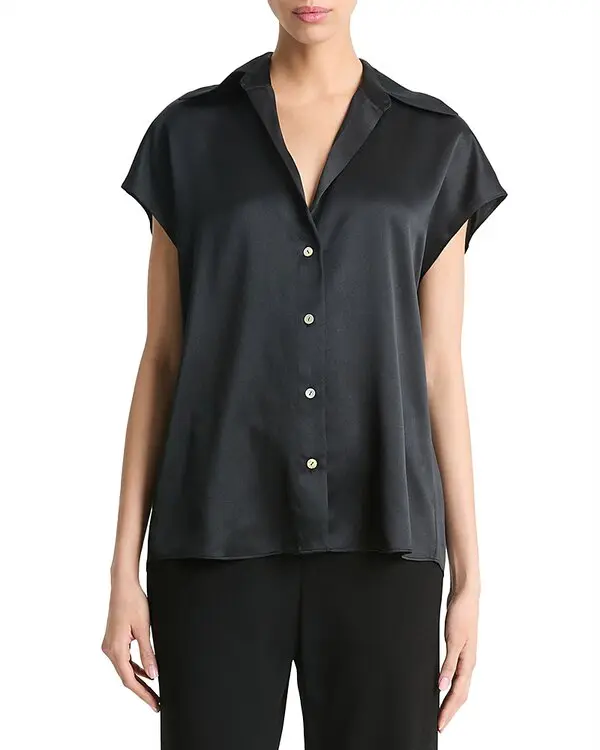 Vince Silk Cap-sleeve Shirt - Black