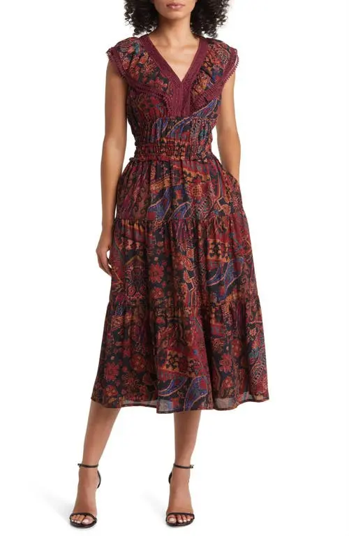 Tahari Asl Lace Trim Tiered Midi Dress In Burgundy Midi 60% Off