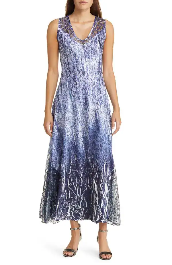 Komarov Lace-Up Back Charmeuse Dress - Midnight Fields | Editorialist