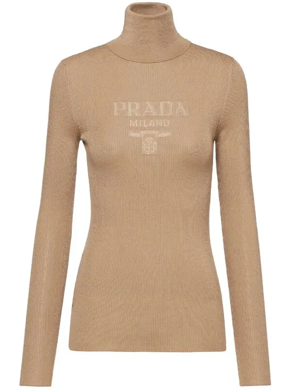 Prada Logo-intarsia Roll-neck Jumper - Brown