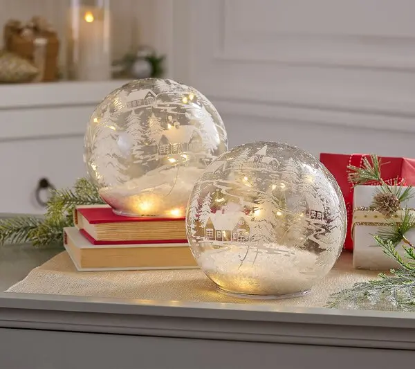 VALERIE PARR HILL As Is Set Of 2 Illuminated 6' Spheres With Scene