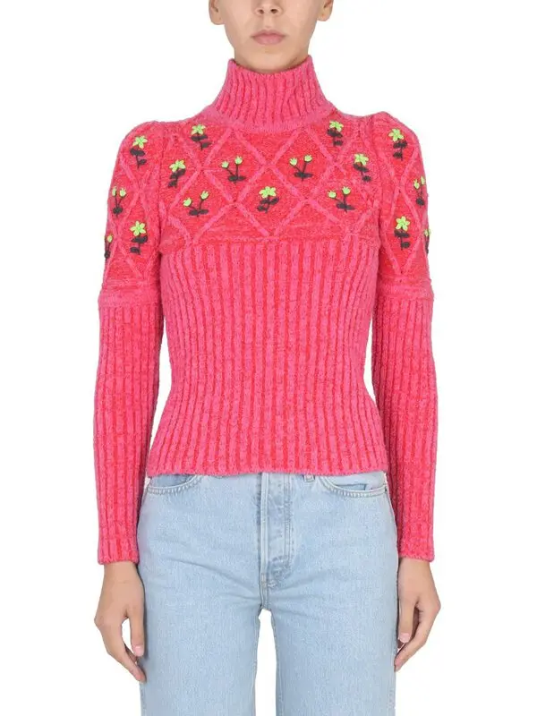 CORMIO Floral Embroidered Wool Jersey - Red