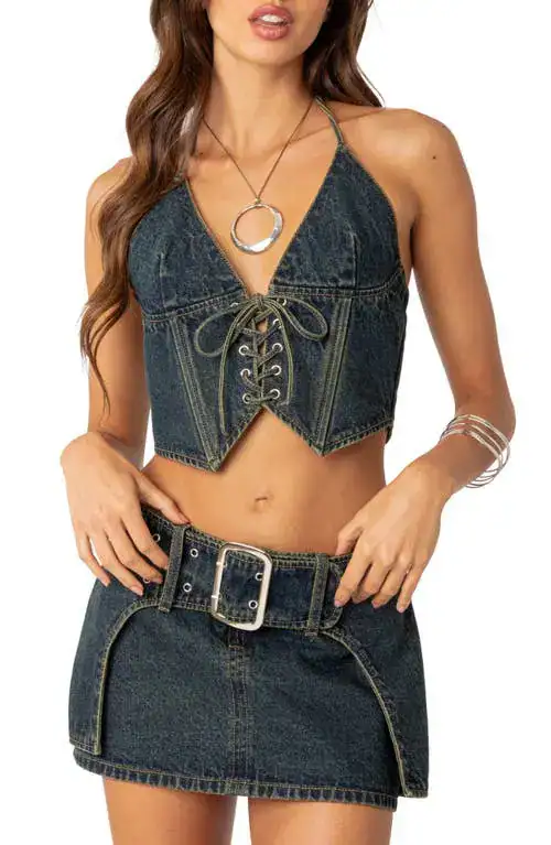 Edikted Elara Lace-Up Denim Corset Halter Top Blue Editorialist