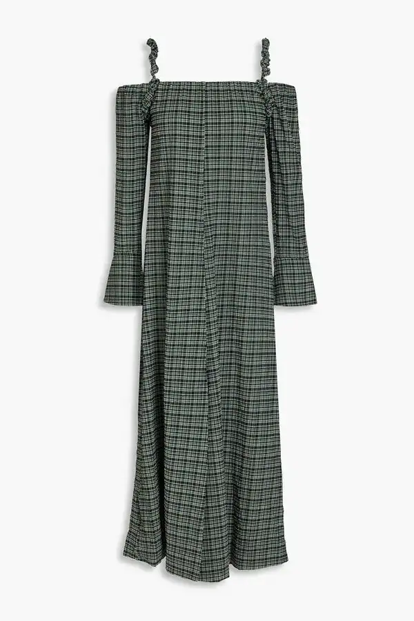 Ganni Cold-Shoulder Checked Seersucker Midi Dress In Green - 85% Off |  Editorialist