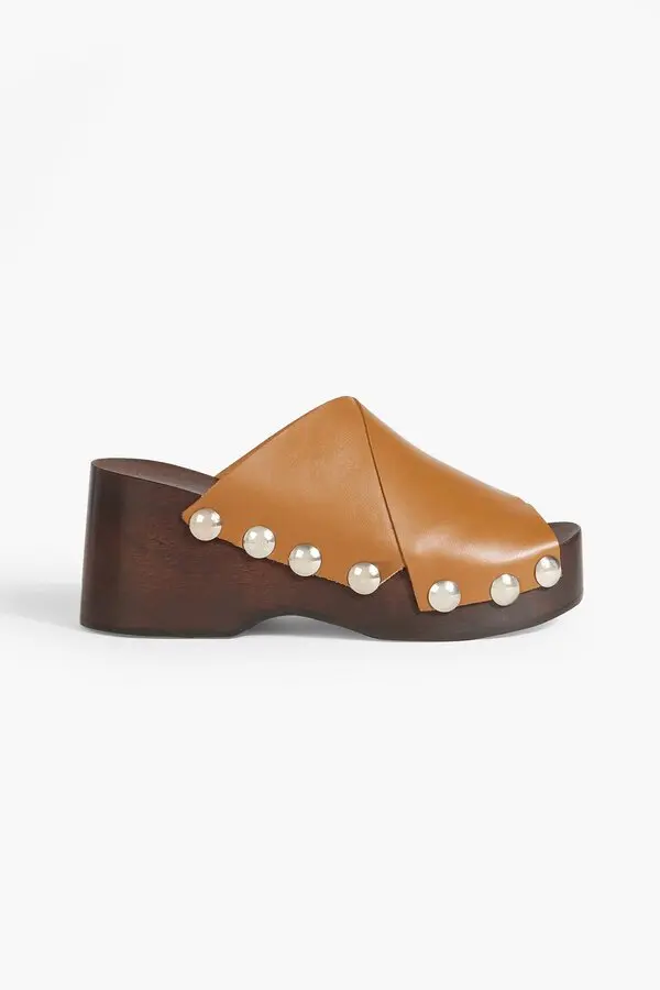 GANNI Studded Leather Platform Mules - Tan