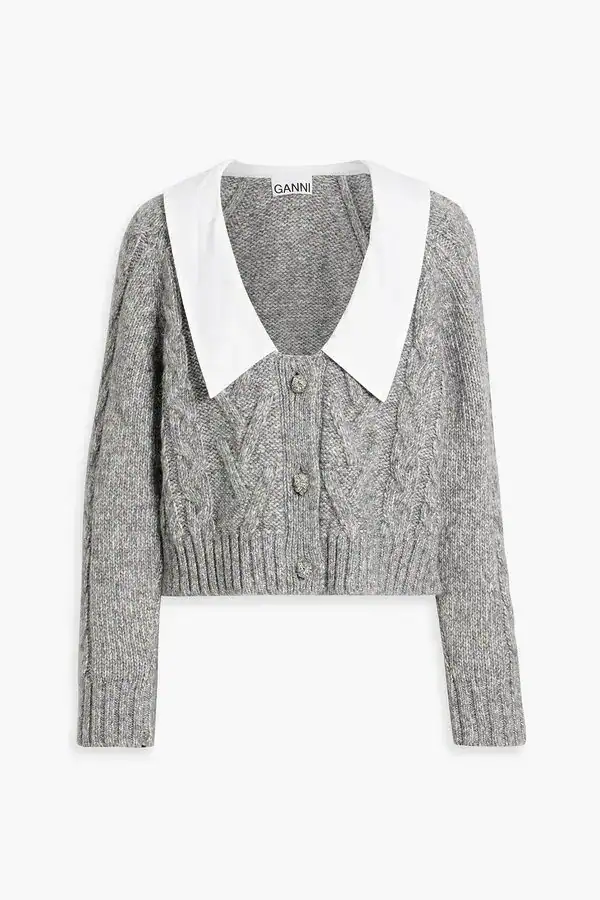 Ganni Poplin-Trimmed Cable-Knit Cotton-Blend Cardigan Xl In Gray