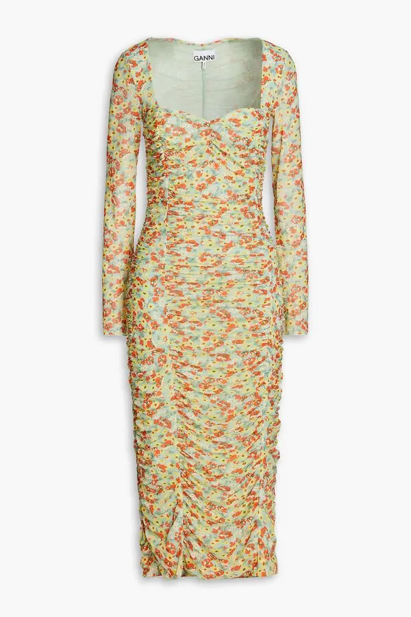 GANNI Ruched Floral-print Stretch-mesh Midi Dress