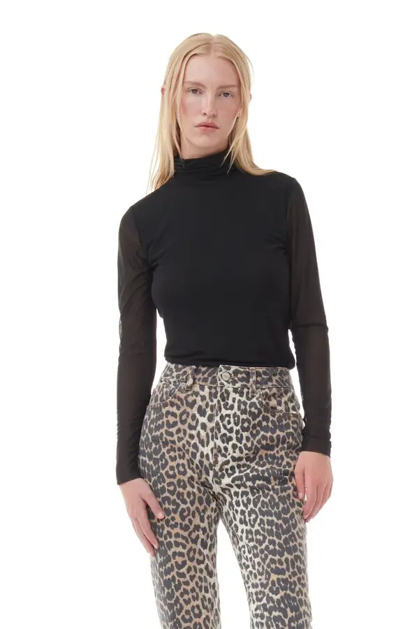 GANNI Mesh Long Sleeve Roll Neck Blouse