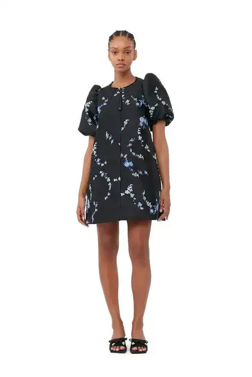 chinese dress ladies Floral Jacquard Short Fit And Flare Dress In Blue Black Multi